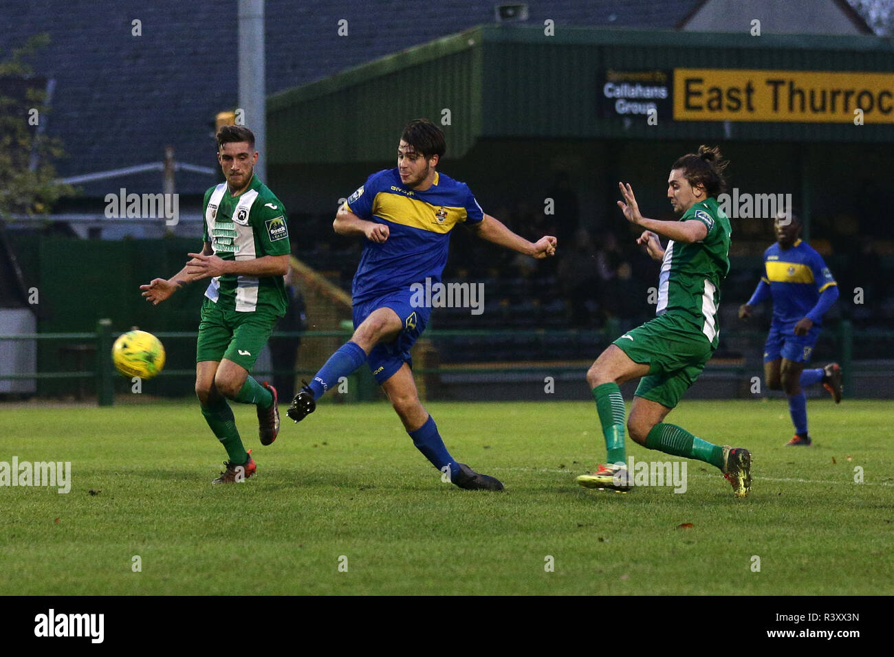 Max Bolton of Romford goes close to a goal during Romford vs Basildon ...
