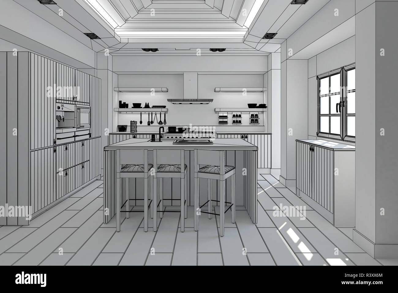 3D Interior rendering of a modern kitchen Stock Photo - Alamy