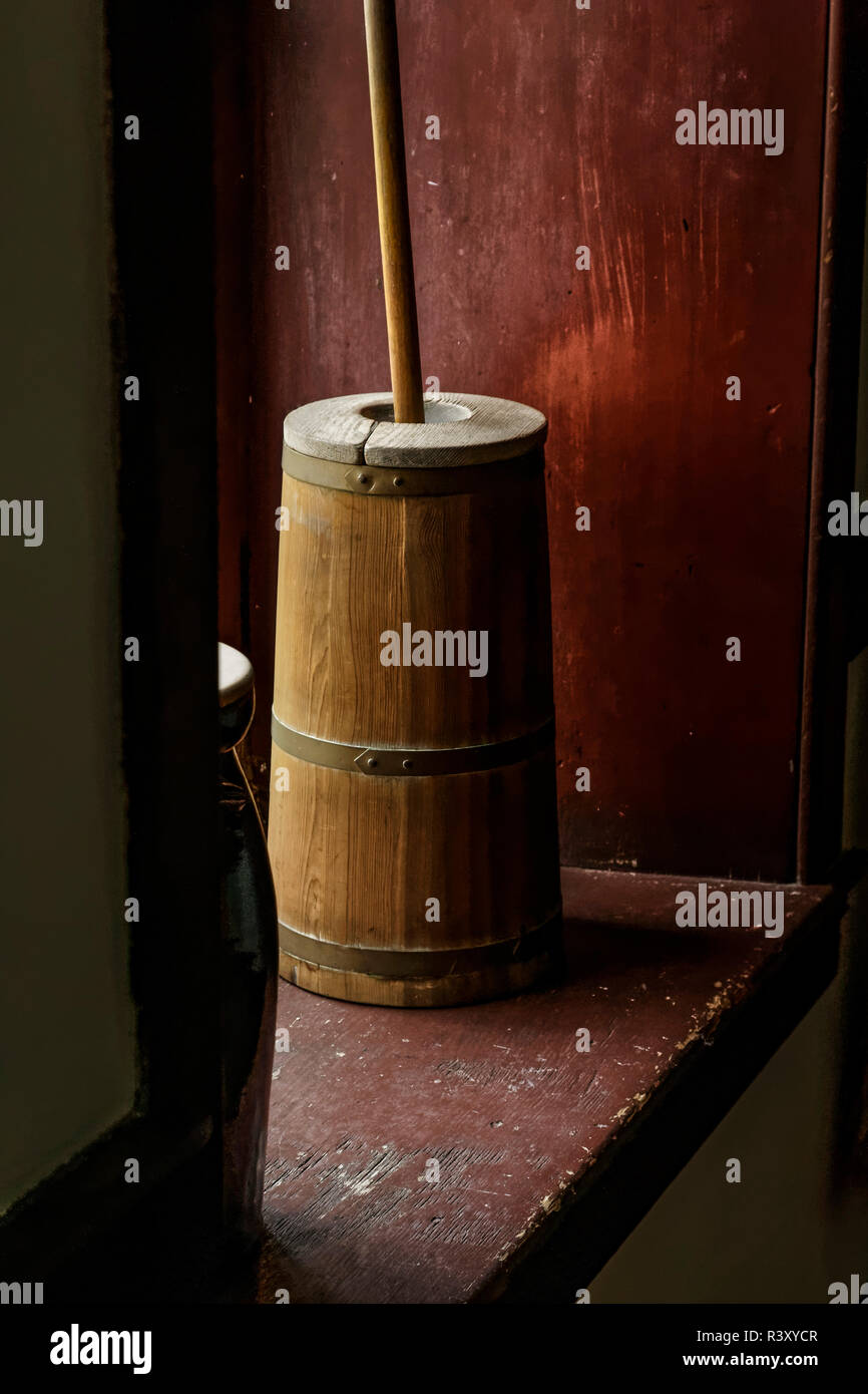 Wooden butter churn in window, Shaker Village of Pleasant Hill ...