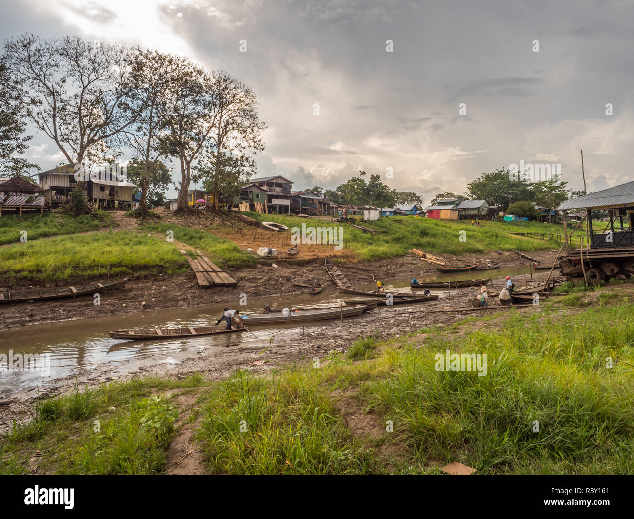 Letica, Colombia- Sep 14, 2018: Port in Letcia during the low water ...