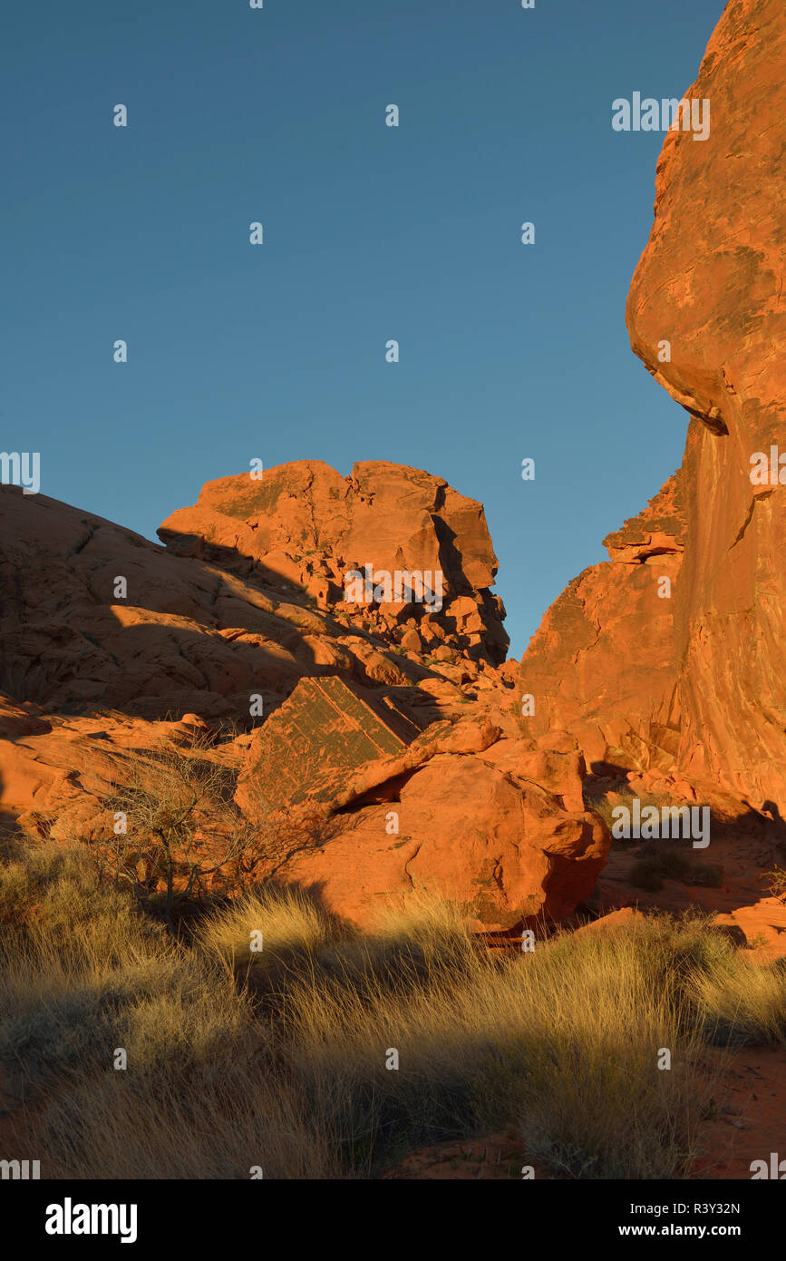 USA, Nevada. Valley of Fire State Park. Red cliffs with petroglyphs ...