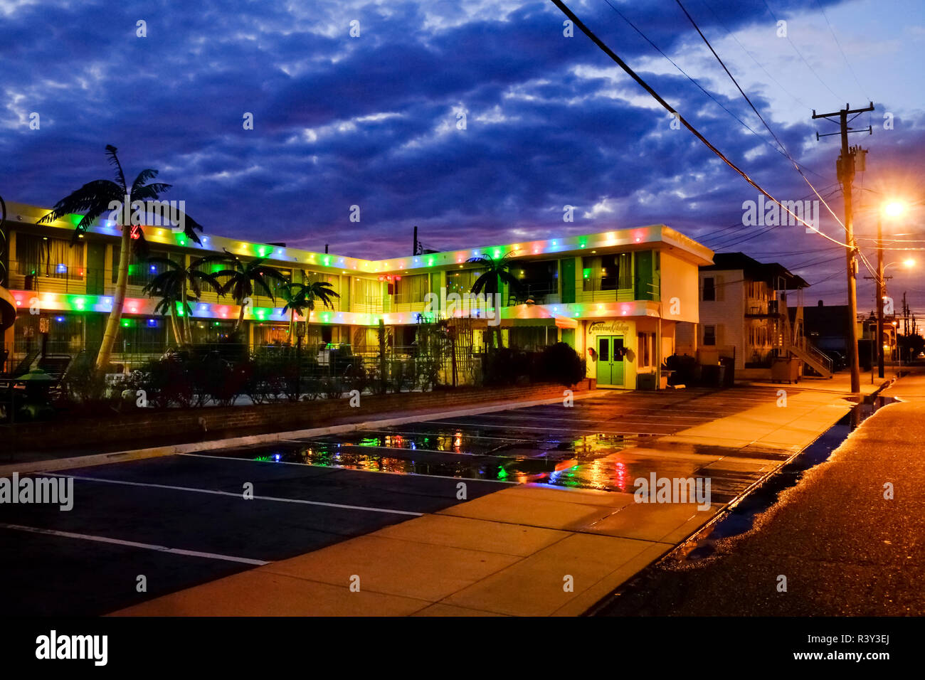 Mid-Century styled motel lit with colorful lights, Wildwood, New Jersey ...