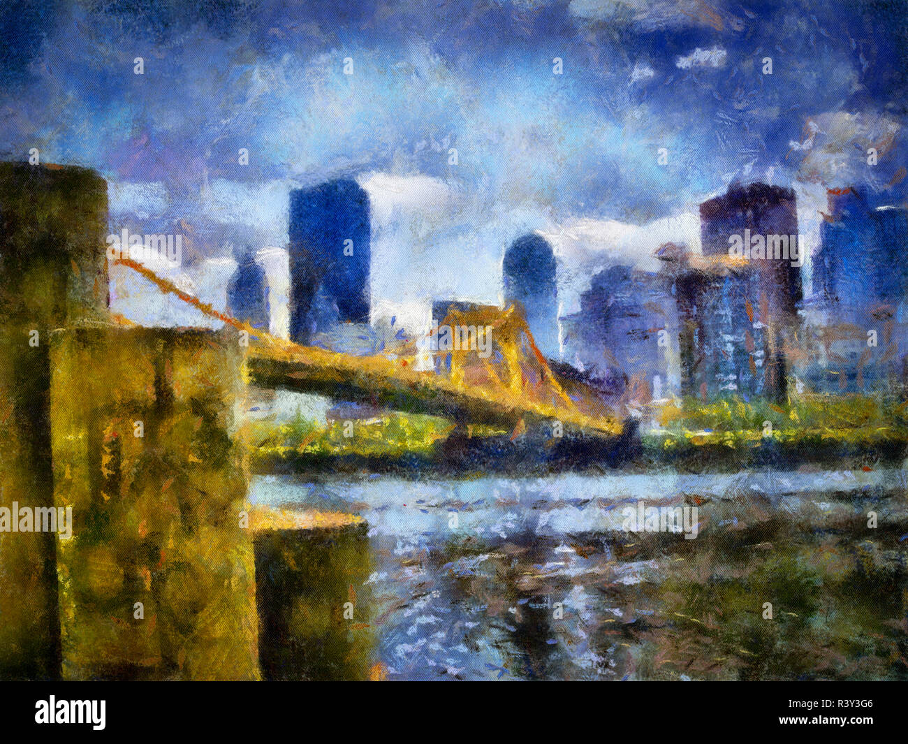 A watercolor painting of the city of Pittsburgh, Pennsylvania from the ...