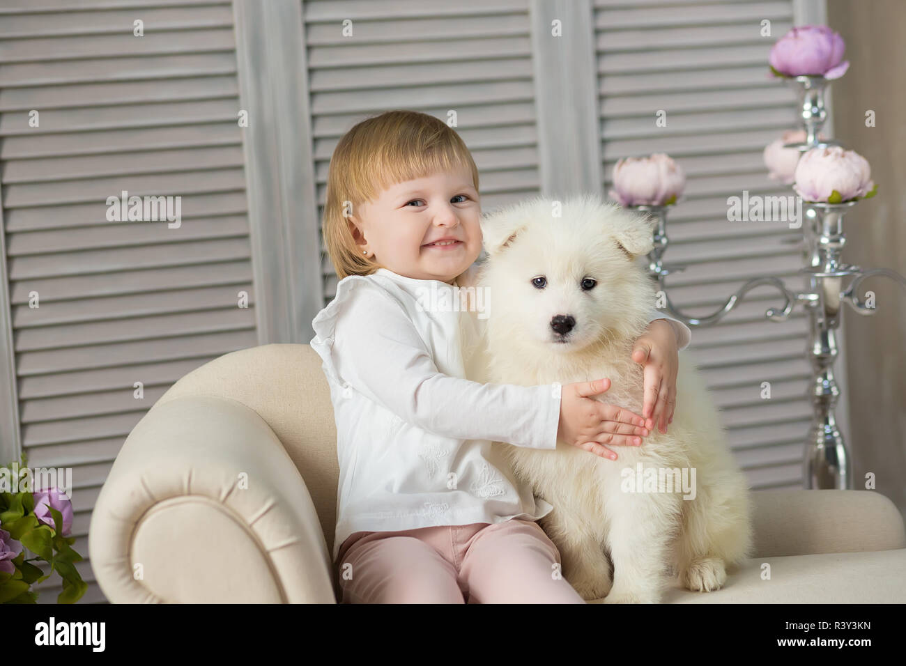 Portrait of blond baby girl play with husky puppy.Model girl with blond ...