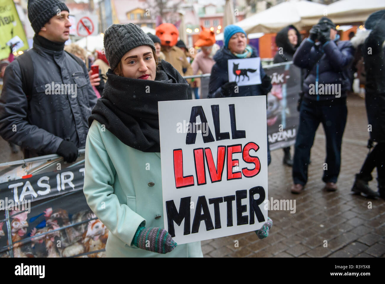 Riga, Latvia. 24th Nov 2018. Young woman keeping sign - All lives ...