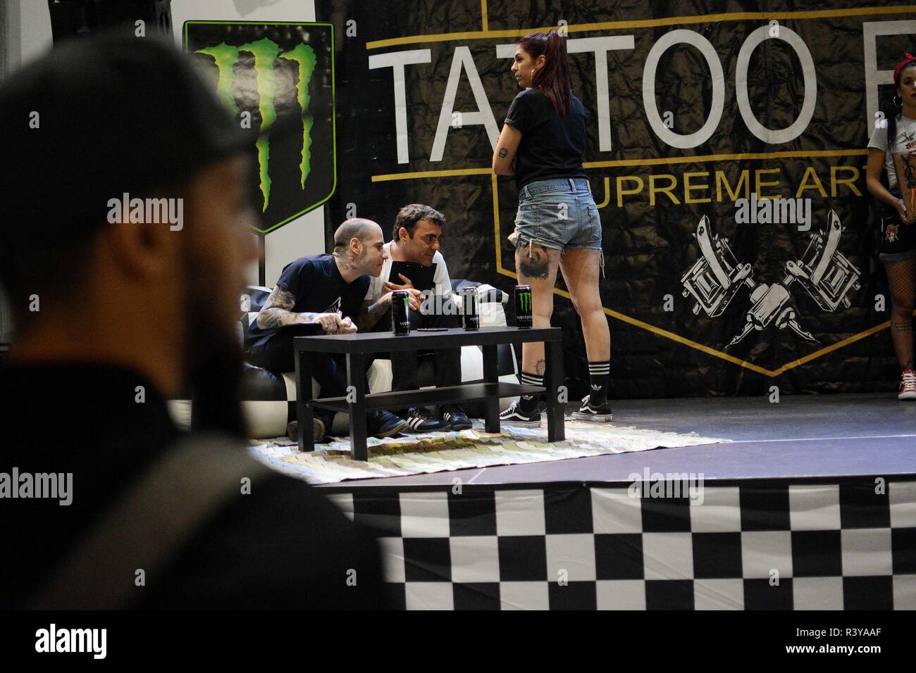 Athens, Greece. 24th Nov, 2018. A Tattoo contestant seen showing off ...