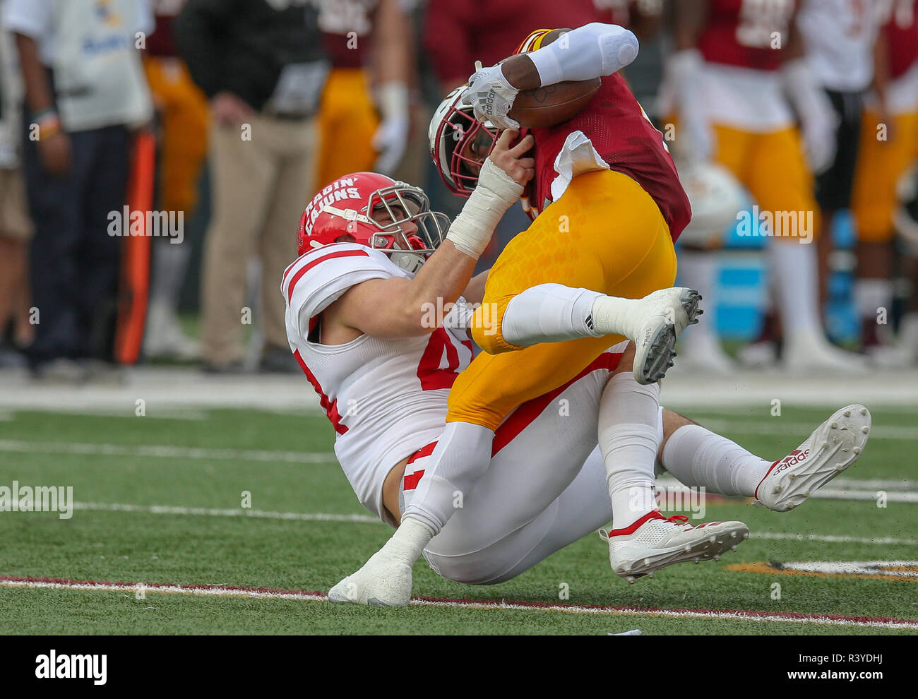 Monroe, Louisiana, USA. 24th Nov, 2018. ULL's Tanner Wiggins #44 brings ...
