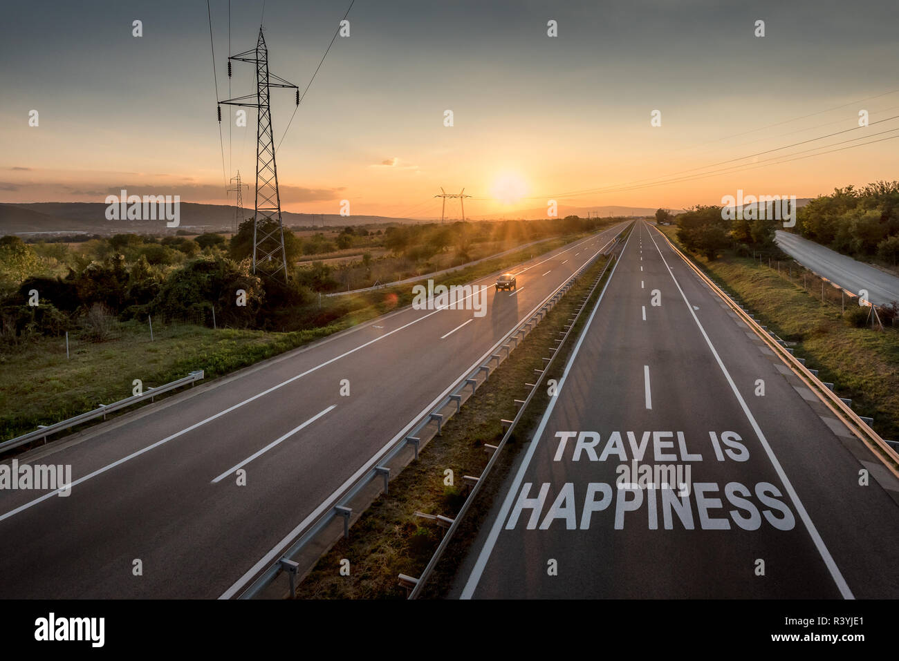 Beautiful Countryside Motorway with a Single Car at sunset with ...