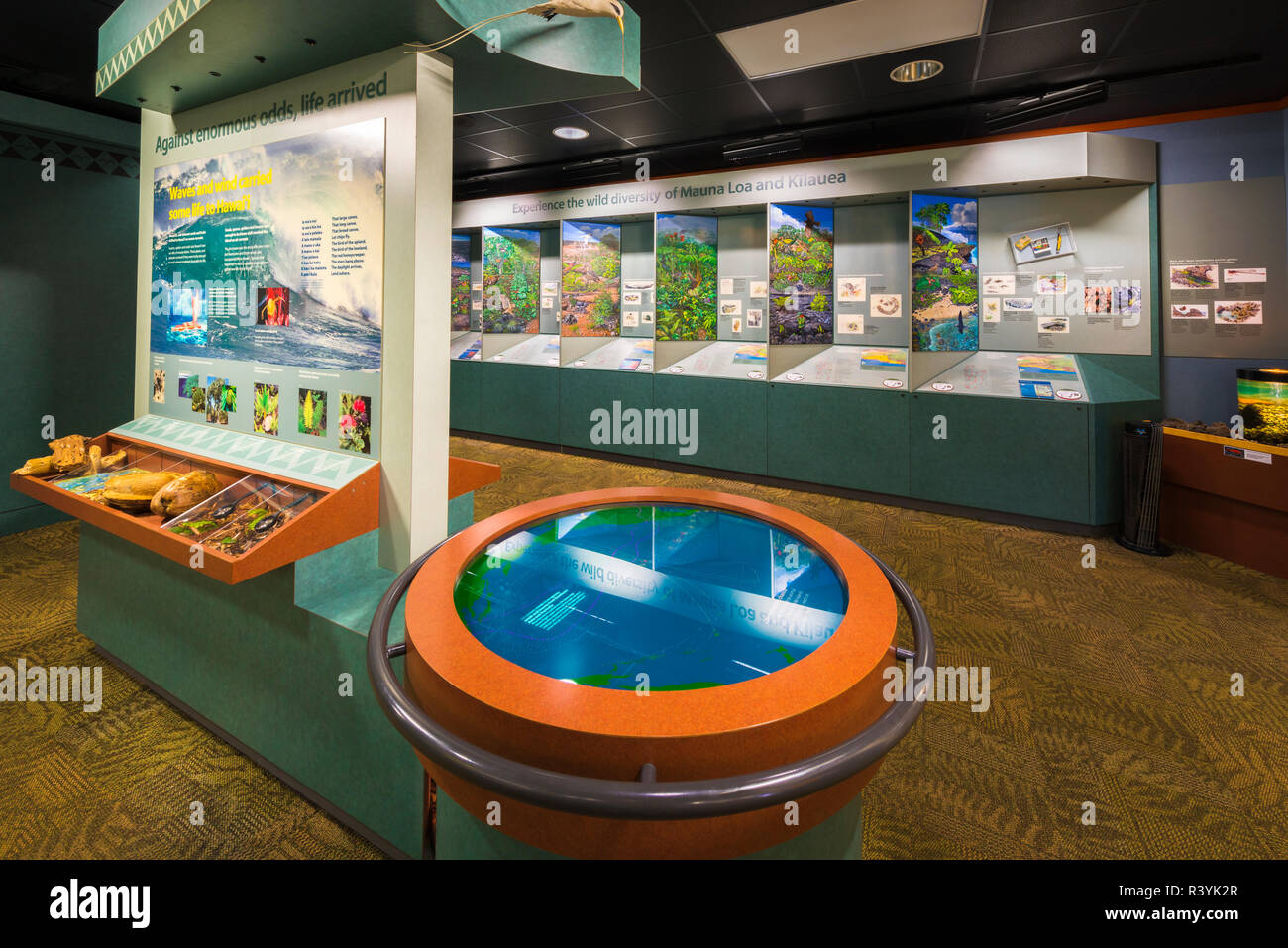 Interpretive displays at the visitor center, Hawaii Volcanoes National ...