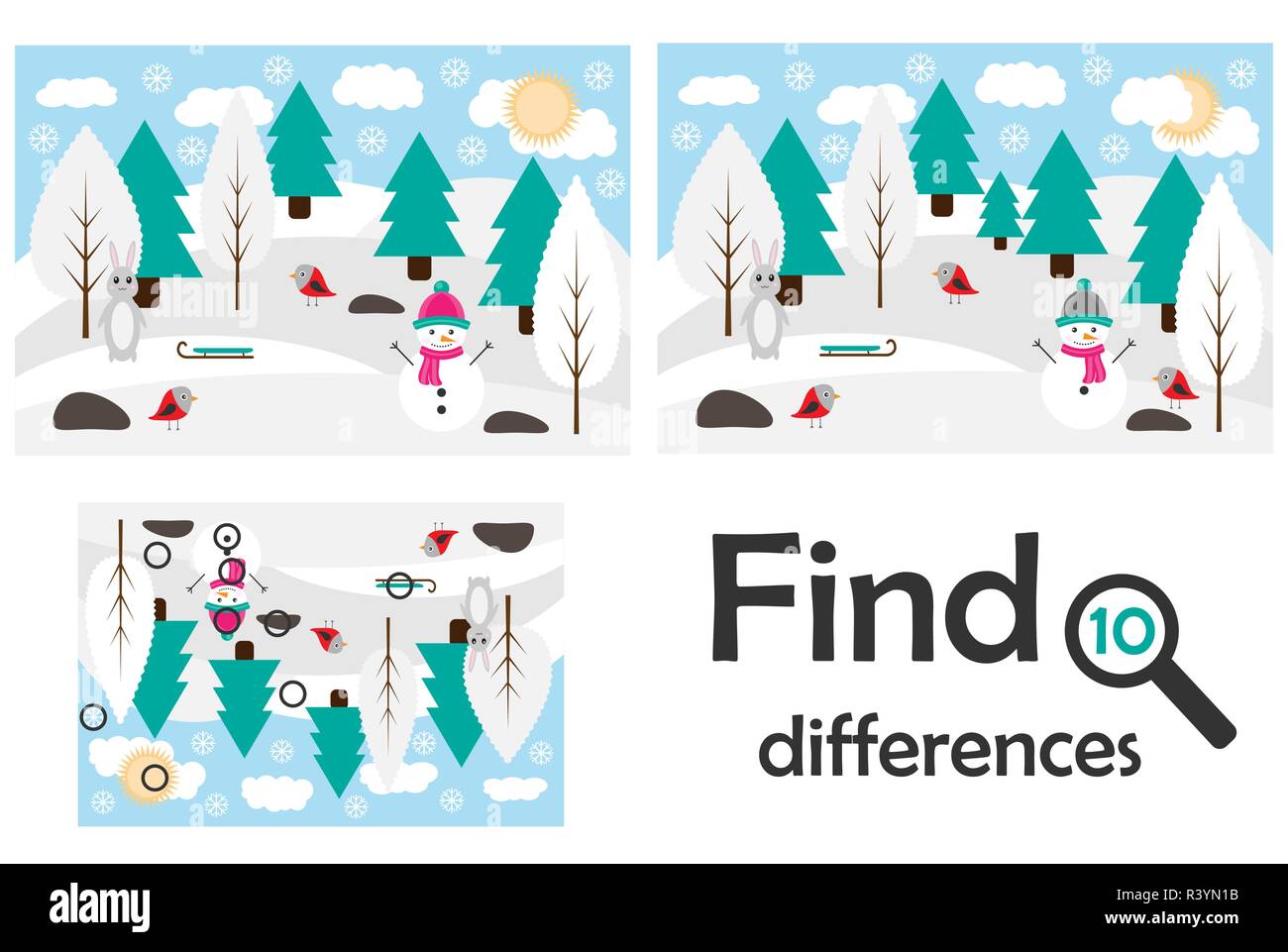 Find 10 differences, game for children, winter snowy forest in cartoon ...