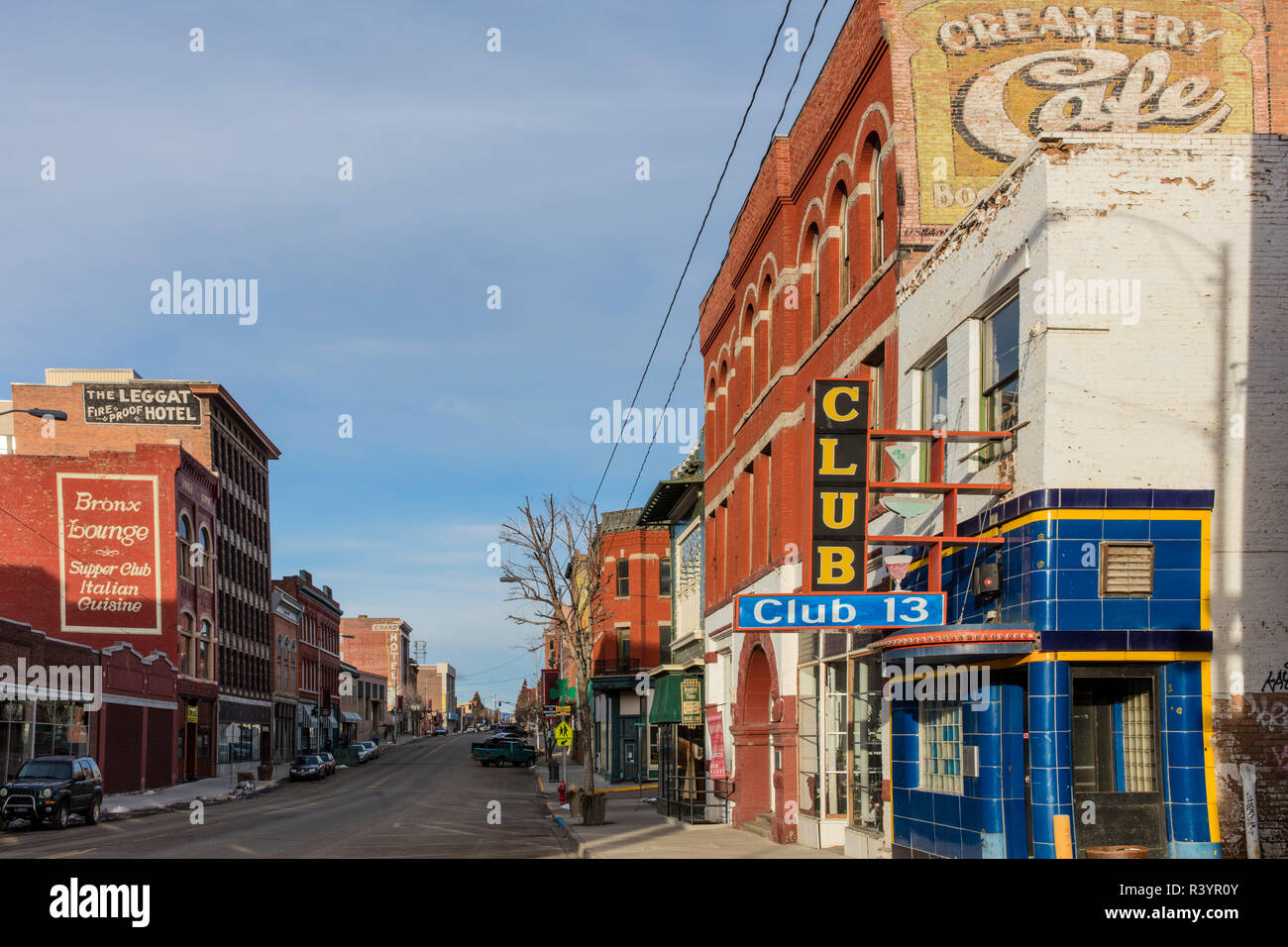 Looking down Broadway Street in historic Uptown Butte, Montana, USA ...