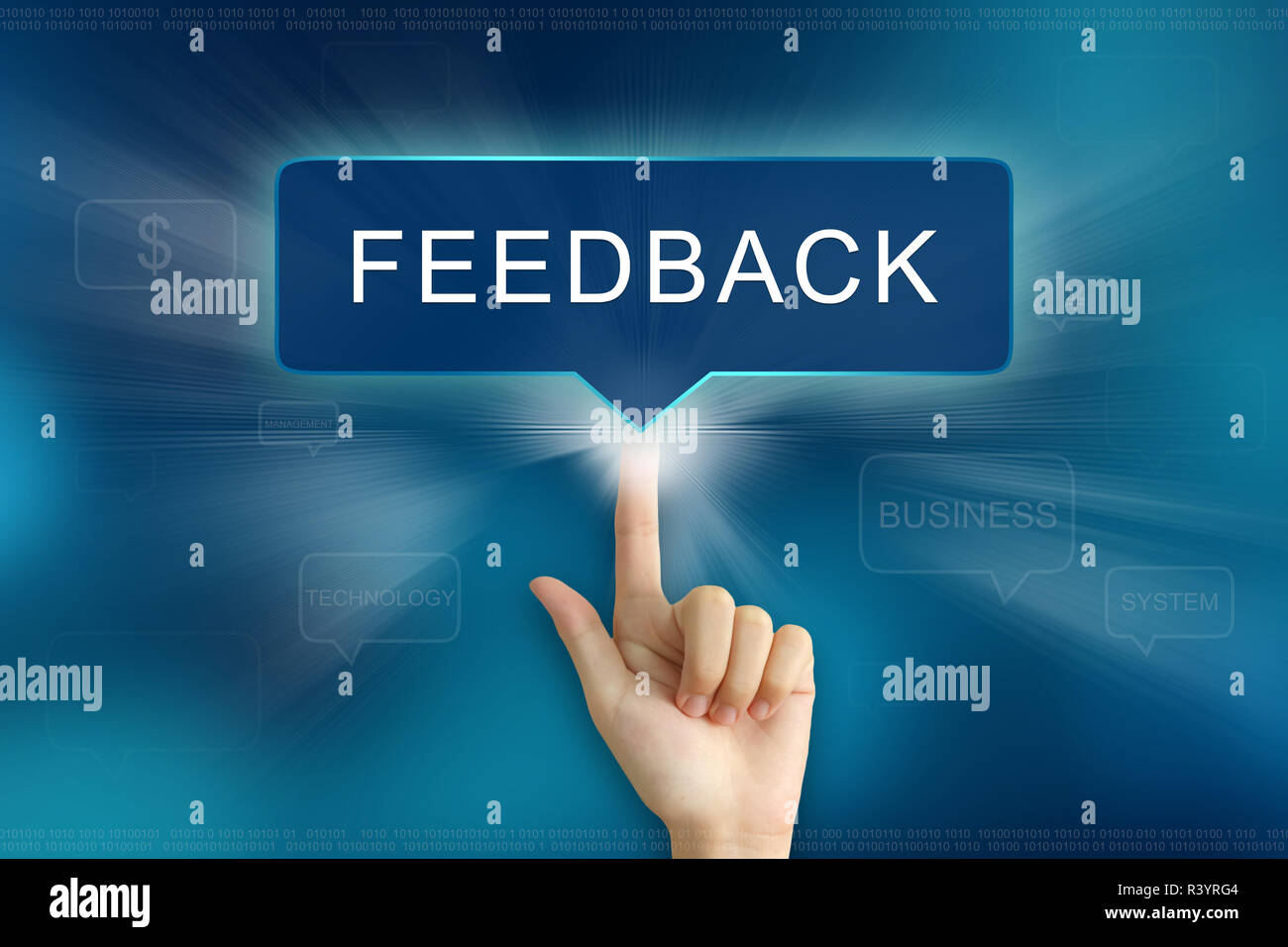hand clicking on feedback button Stock Photo - Alamy