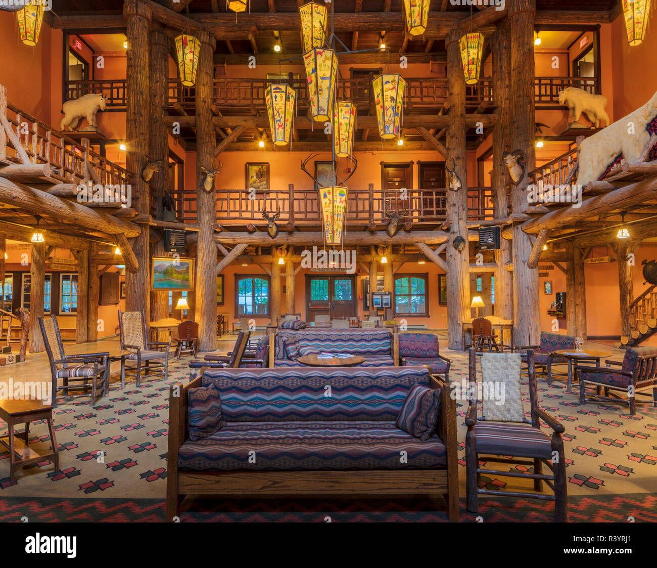 Lobby of Lake McDonald Lodge in Glacier National Park, Montana, USA ...