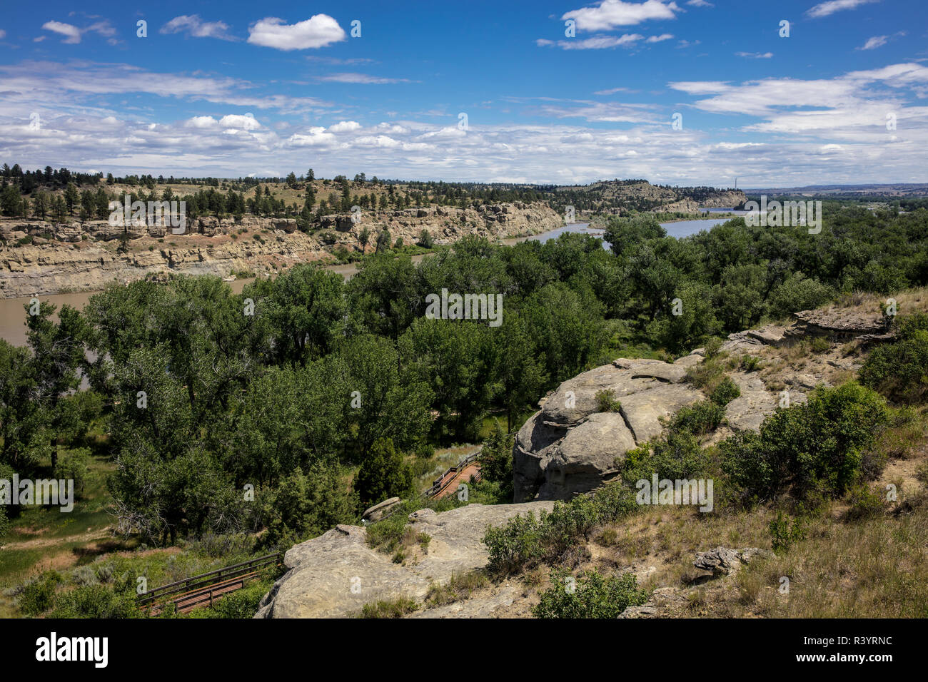 View of the Yellowstone River from the top of Pompey's Pillar National ...