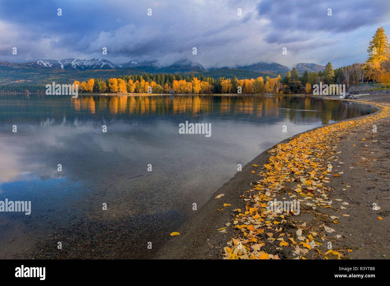 Morning light at city beach in autumn along Whitefish Lake in Whitefish ...