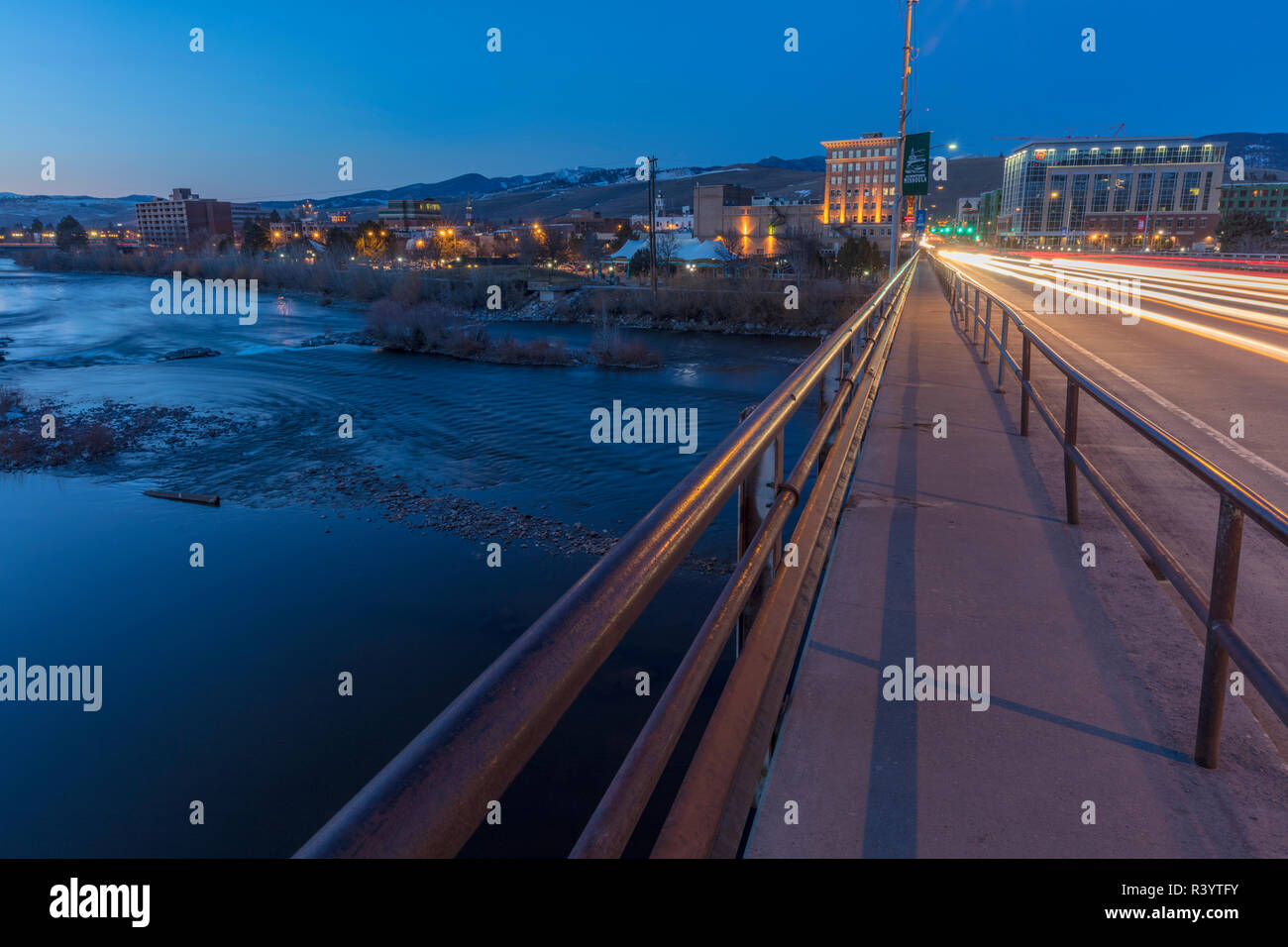 Downtown at dusk from the Higgins Street Bridge in Missoula, Montana ...