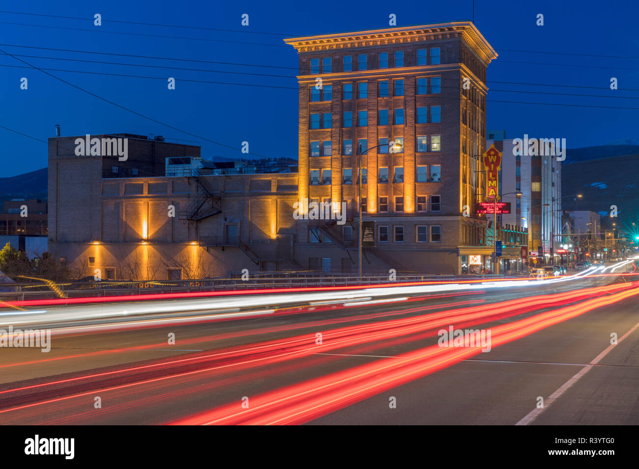 Downtown at dusk from the Higgins Street Bridge in Missoula, Montana ...