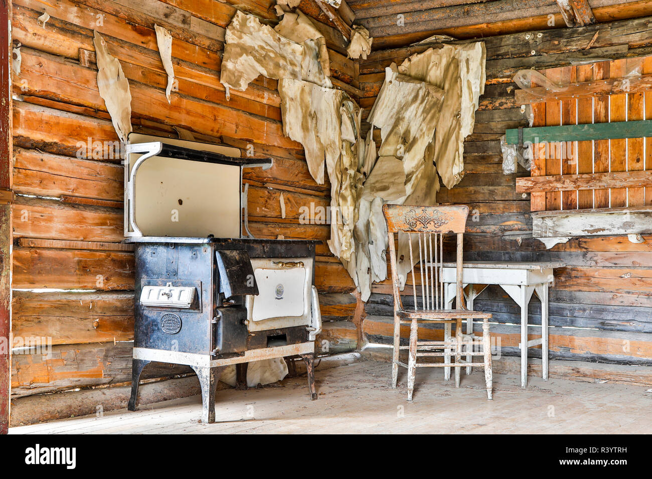 Usa, Montana, Garnet, Ghost Town, Stove, Table and Chair Stock Photo ...
