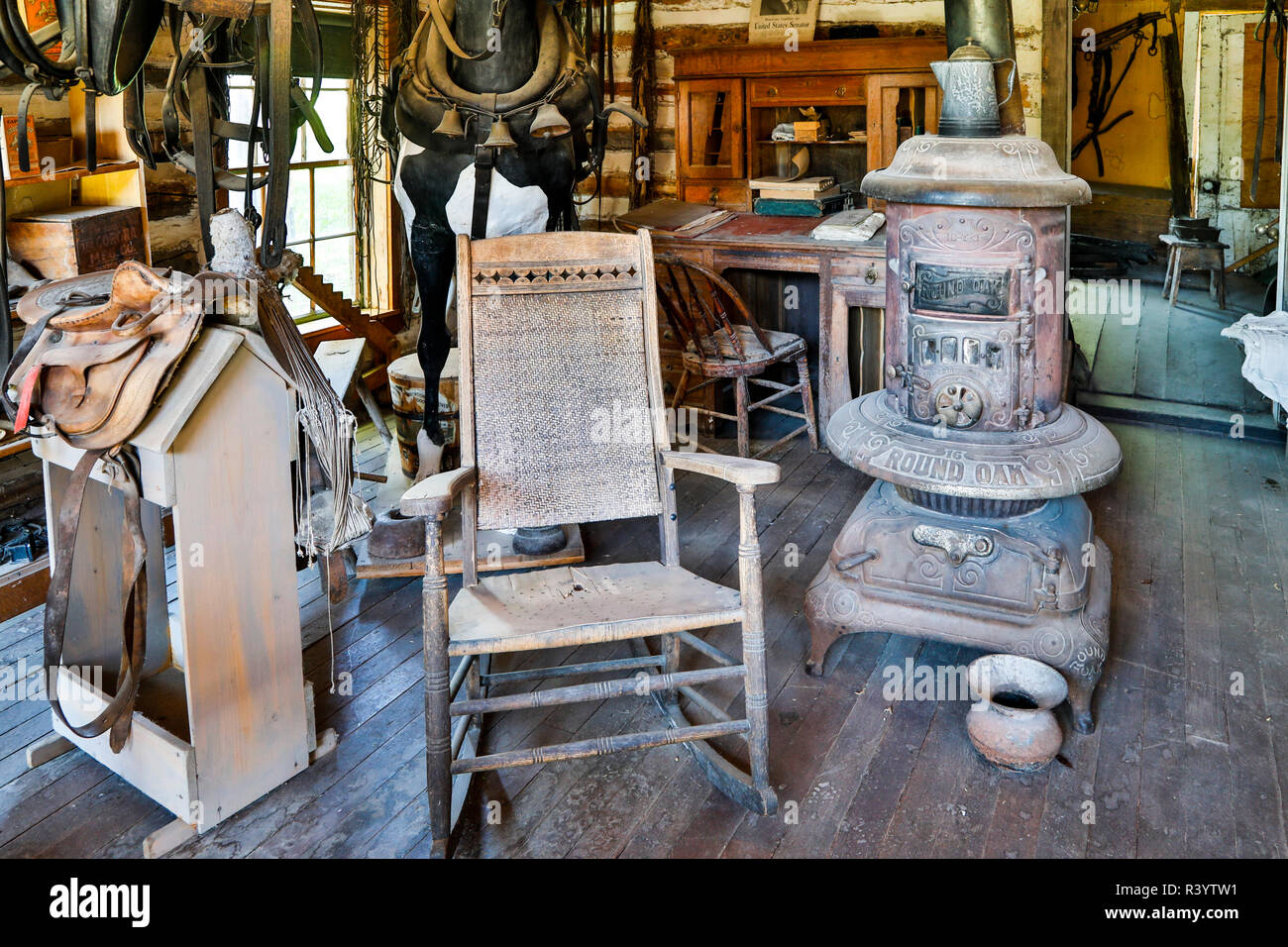 Usa, Montana, Nevada City. Living Museum, Antique Stove in the Livery ...