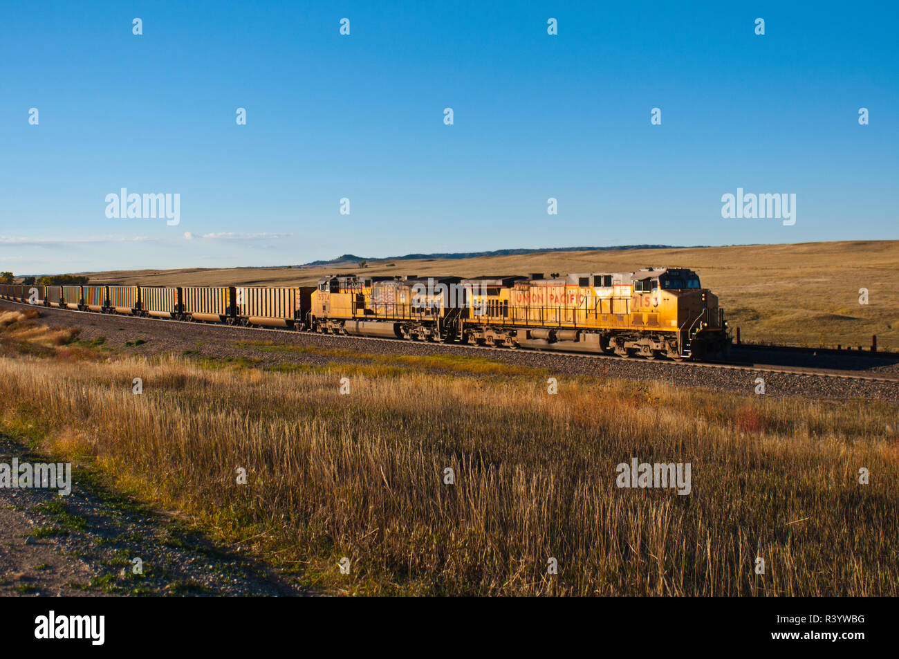 USA, Nebraska, Crawford, empty Union Pacific coal train on the Plains ...