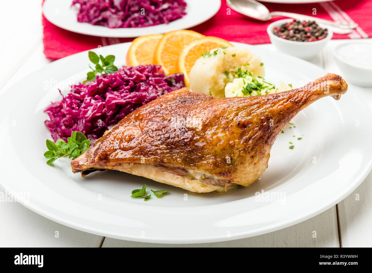 duck with dumplings and red cabbage Stock Photo - Alamy
