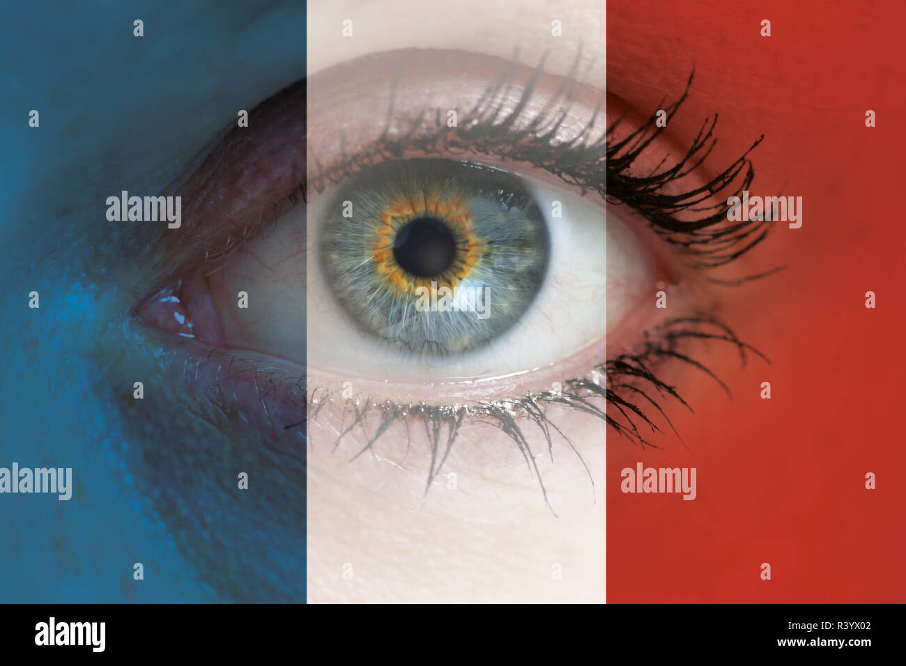 eye looks through france flag concept background macro Stock Photo - Alamy