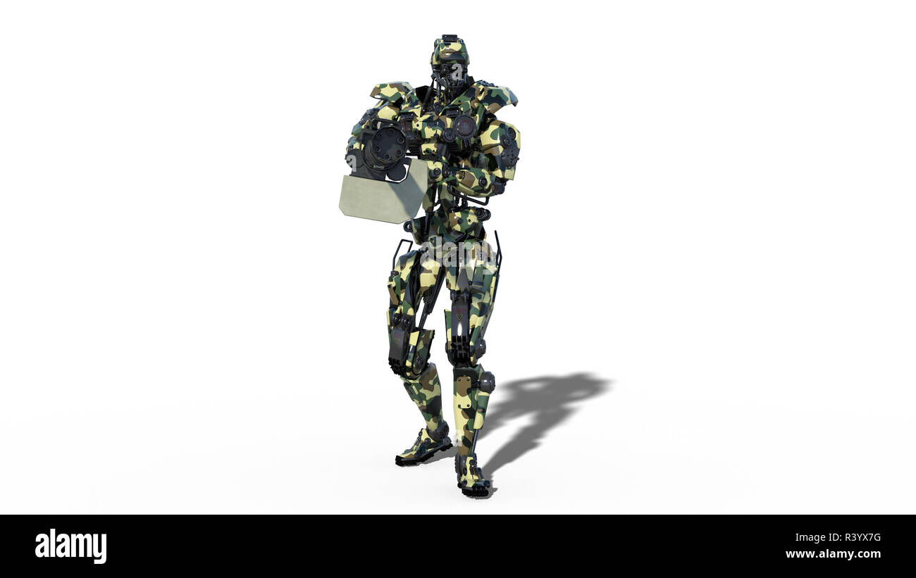 Army robot, armed forces cyborg, military android soldier shooting ...