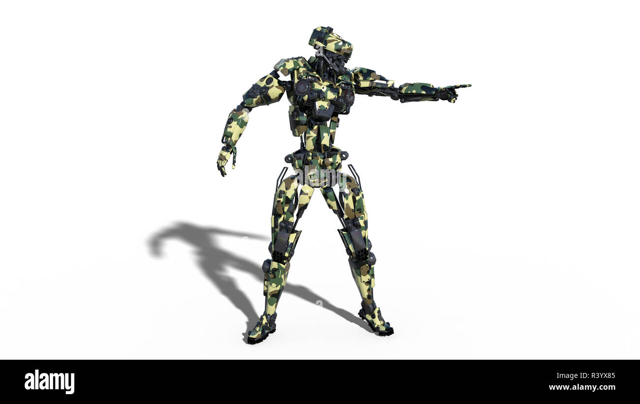 Army robot, armed forces cyborg pointing, military android soldier ...