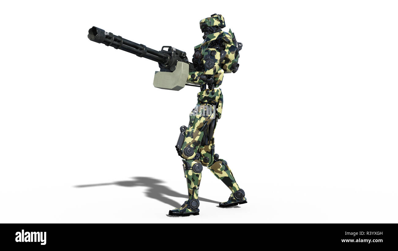 Army robot, armed forces cyborg, military android soldier shooting ...