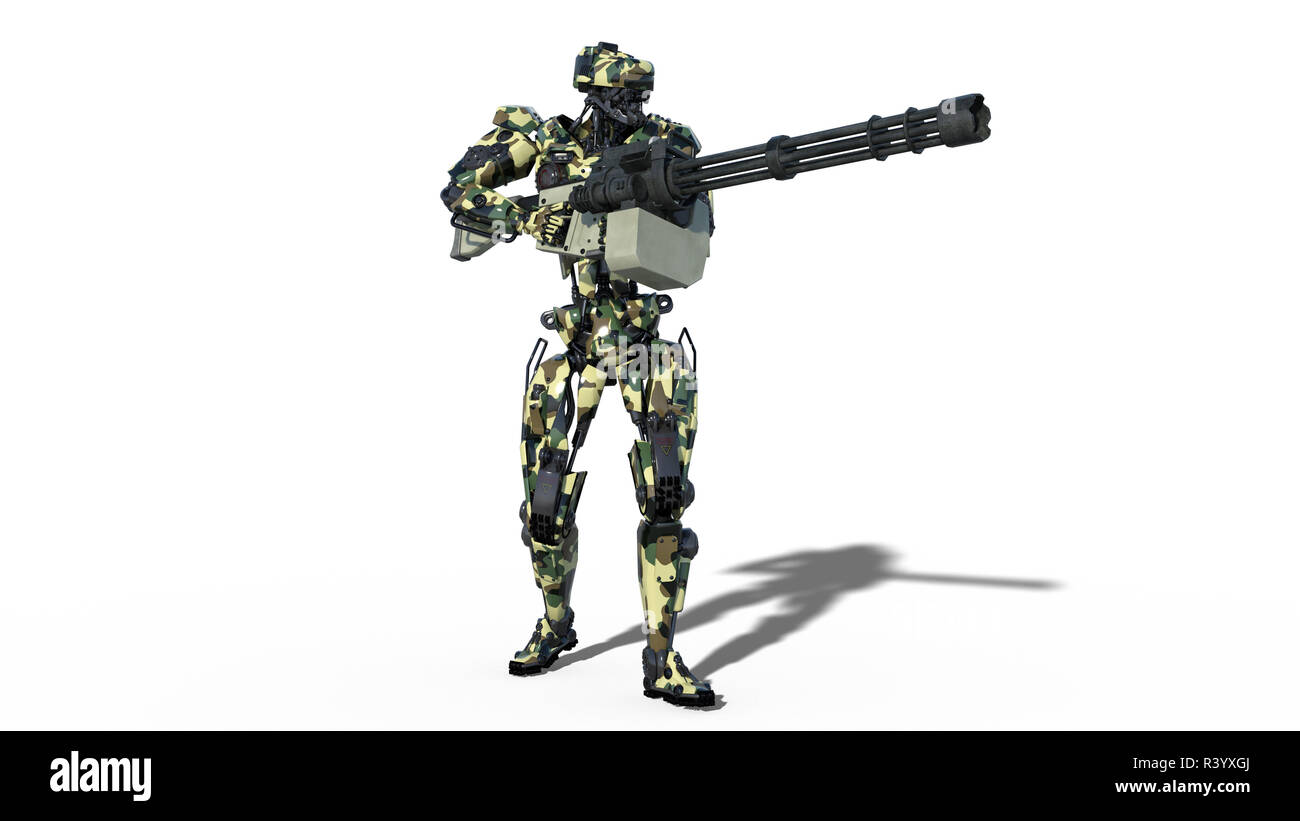 Army robot, armed forces cyborg, military android soldier shooting ...