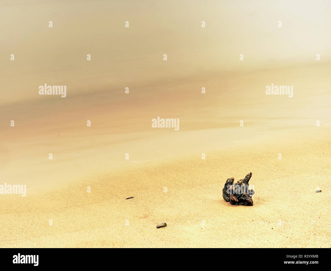 Long exposure effect used for foamy waves splashing on sandy beach with ...