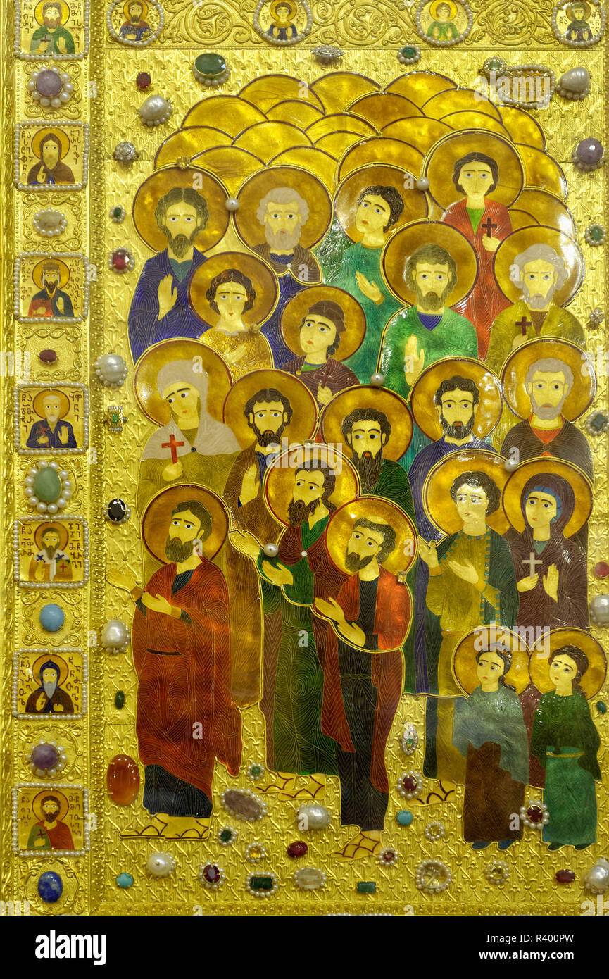 Detail, Khakhuli triptych, representing Georgian monks, Holy Trinity ...