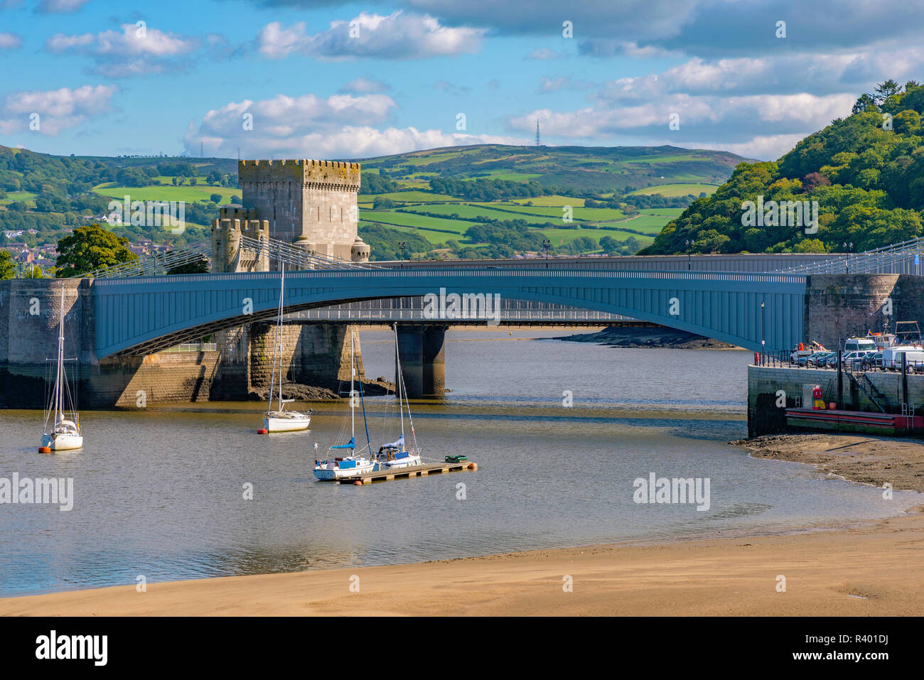 View of the historic Conwy Suspension Bridge in Wales, UK Stock Photo ...