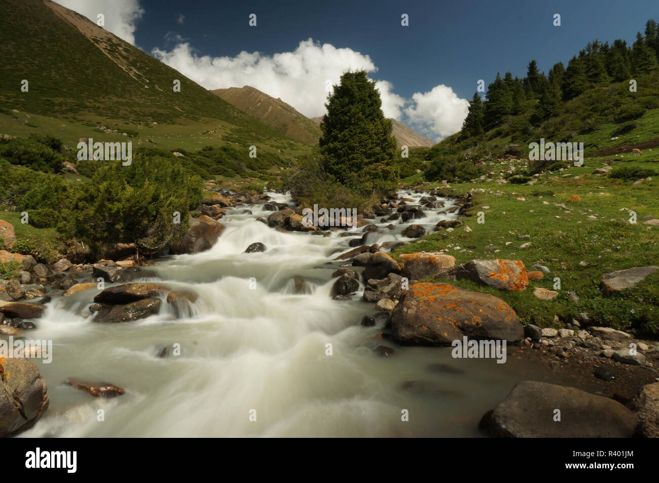 A fast flowing river in the Tian Shan mountains in Kyrgyzstan Stock ...