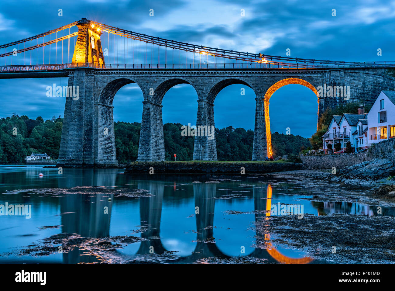 Night view of Menai Bridge in North Wales Stock Photo - Alamy