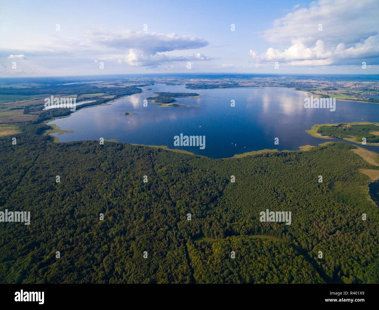 Aerial view of Upalty island on Mamry Lake, Mazury, Poland. Upalty is ...
