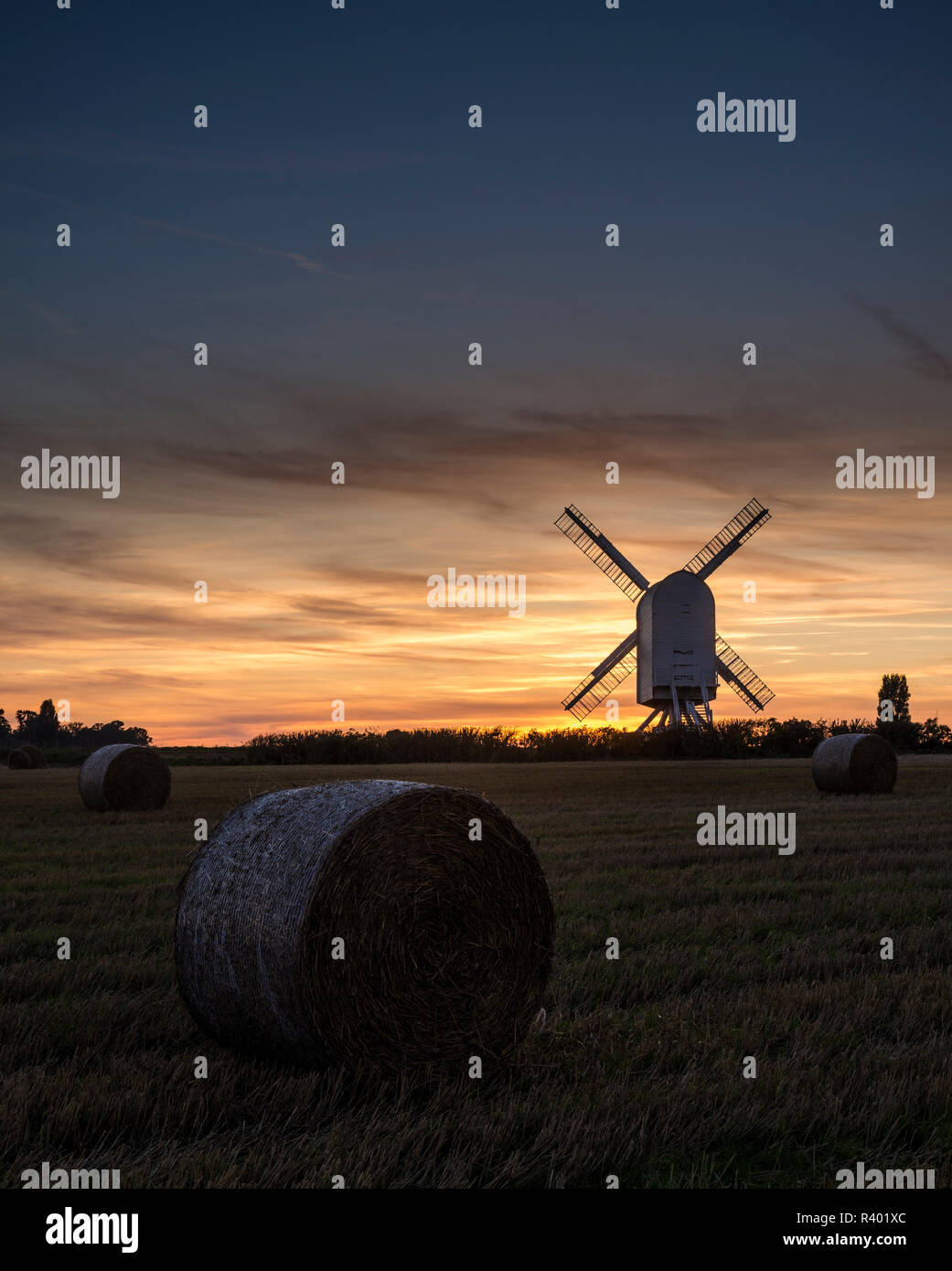 Chillenden Windmill in the Kent countryside, silhouetted at sunset ...