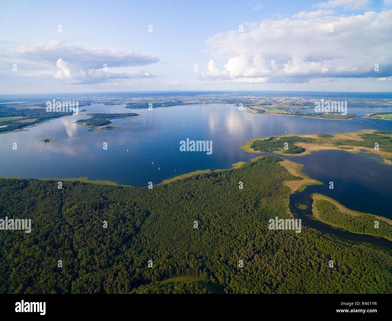 Aerial view of Upalty island on Mamry Lake, Mazury, Poland. Upalty is ...