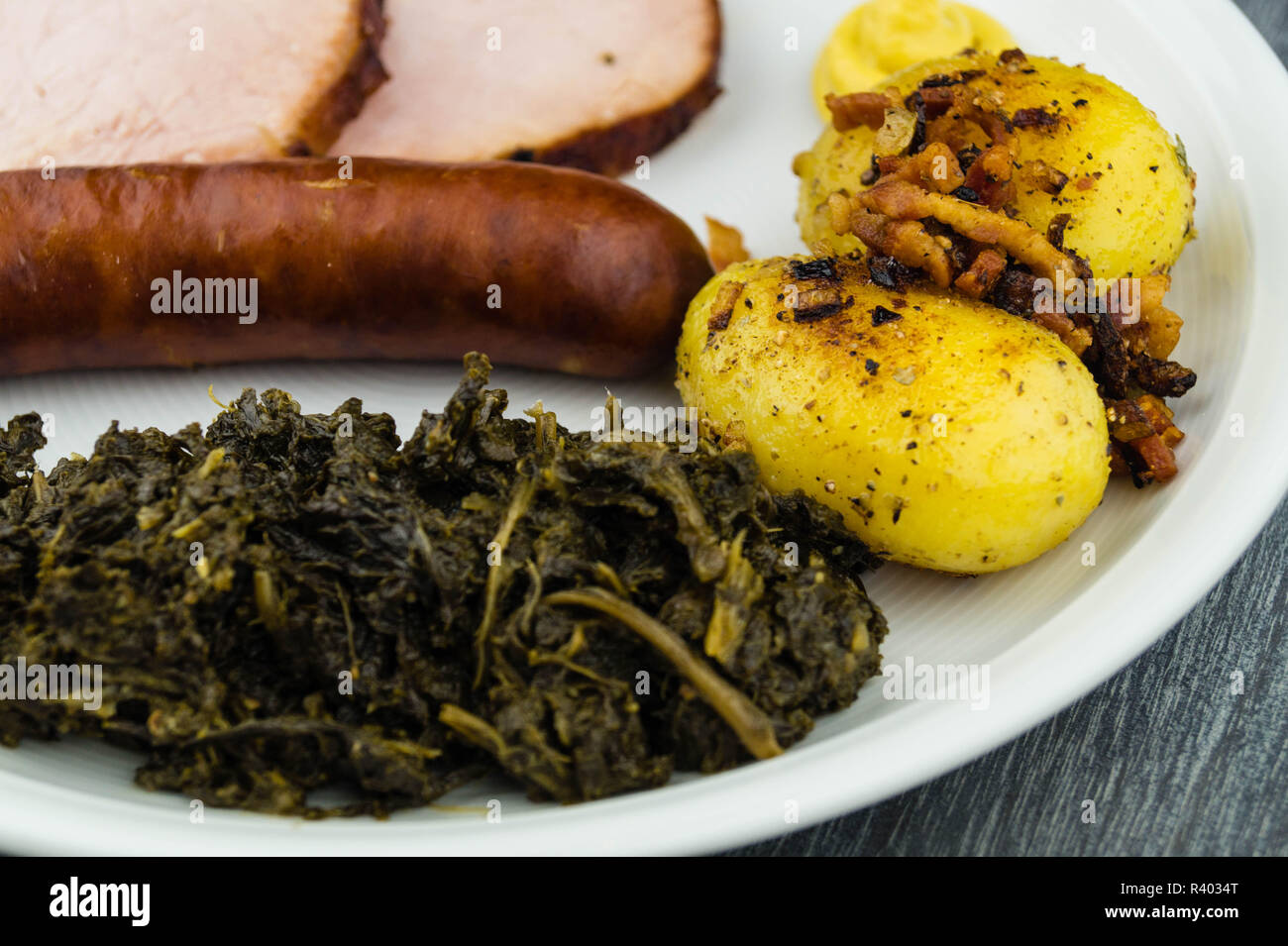 traditional northern german Food curly Kale with pork Bacon and ...