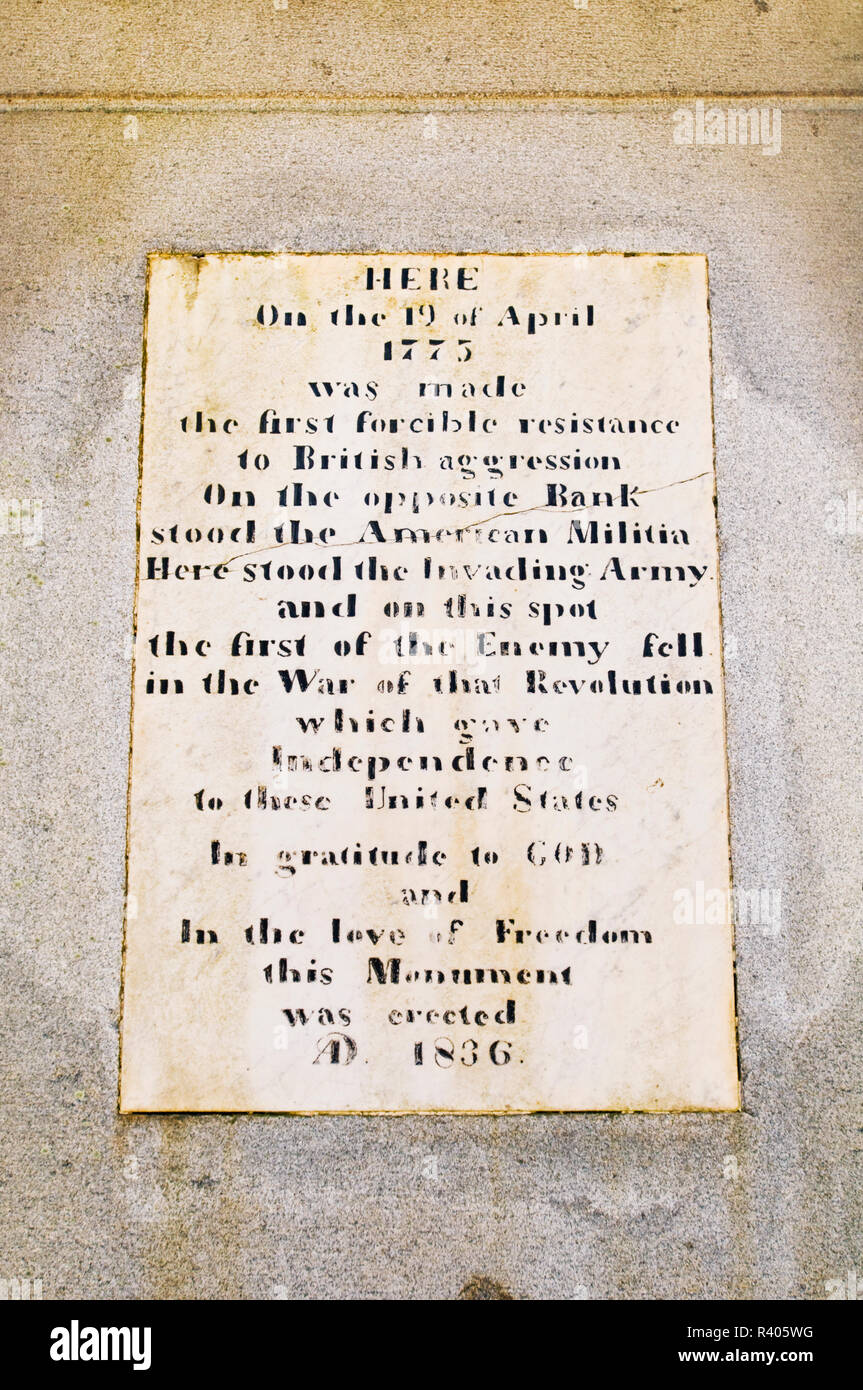 Plaque on the Old North Bridge commemorating the first shot of the ...