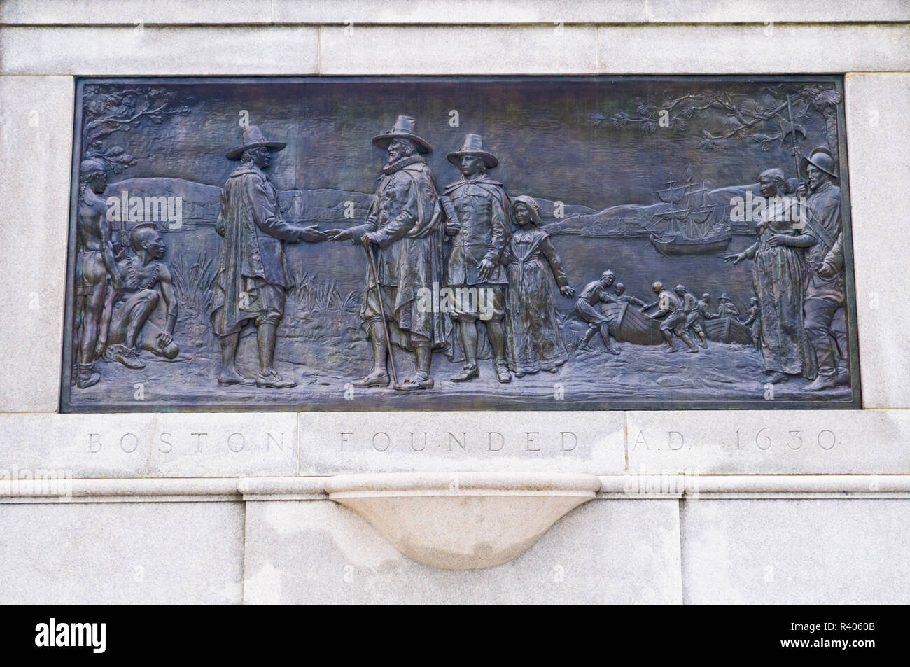 Plaque depicting the pilgrims arrival and founding of Boston at the ...