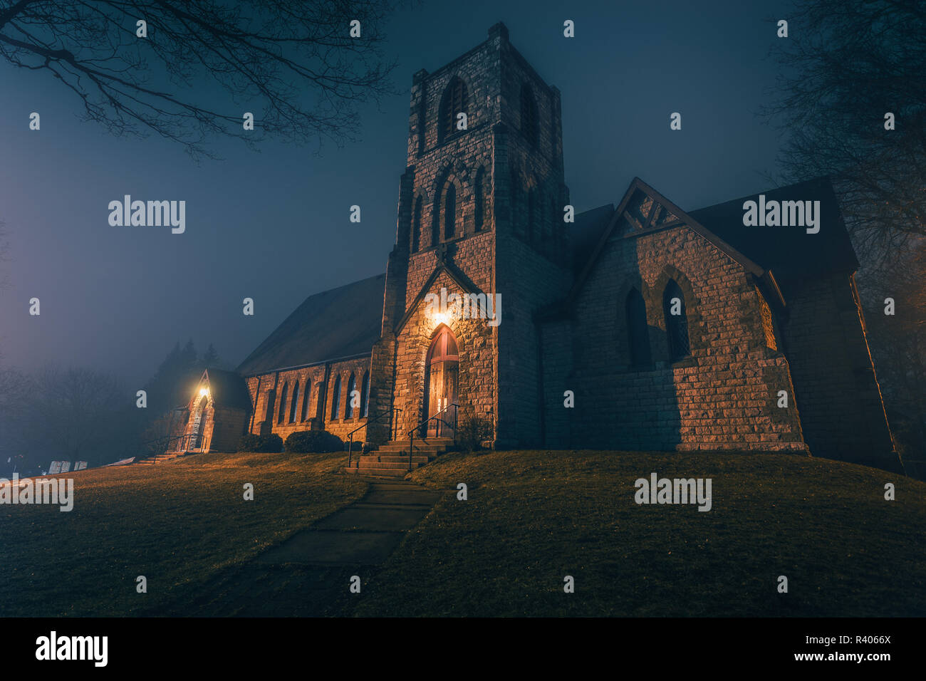 Old creepy scary looking church at night in fog Stock Photo - Alamy
