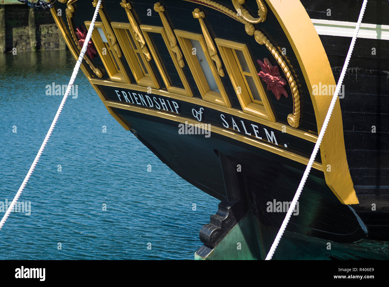 USA, Massachusetts, Salem, Derby Wharf, tall ship, Friendship, stern ...