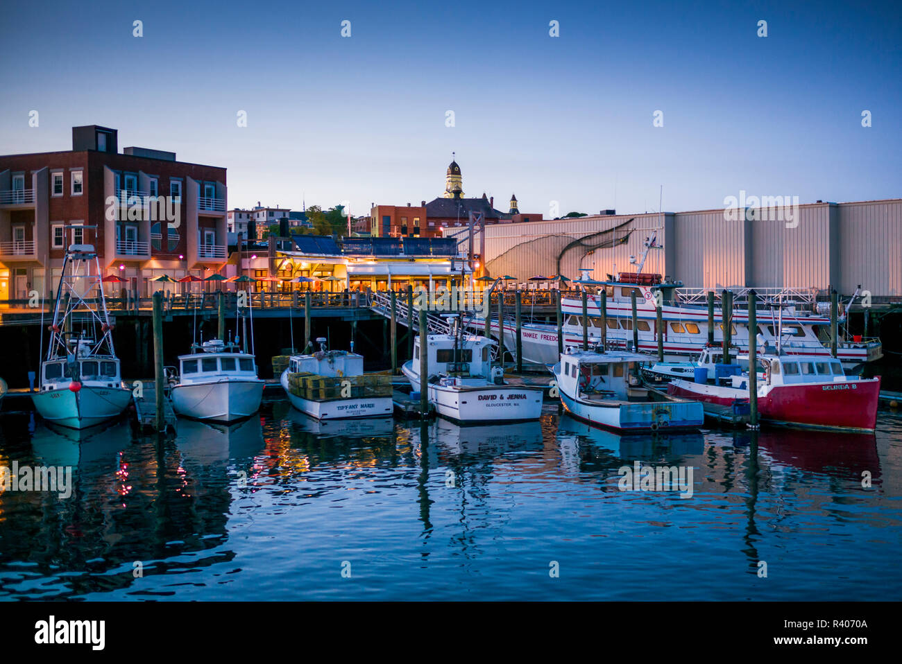 USA, Massachusetts, Cape Ann, Gloucester, waterfront at dusk Stock ...