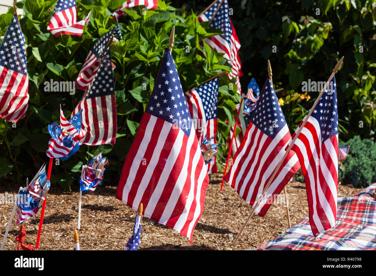 USA, Massachusetts, Manchester By The Sea, Fourth of July, US flags ...