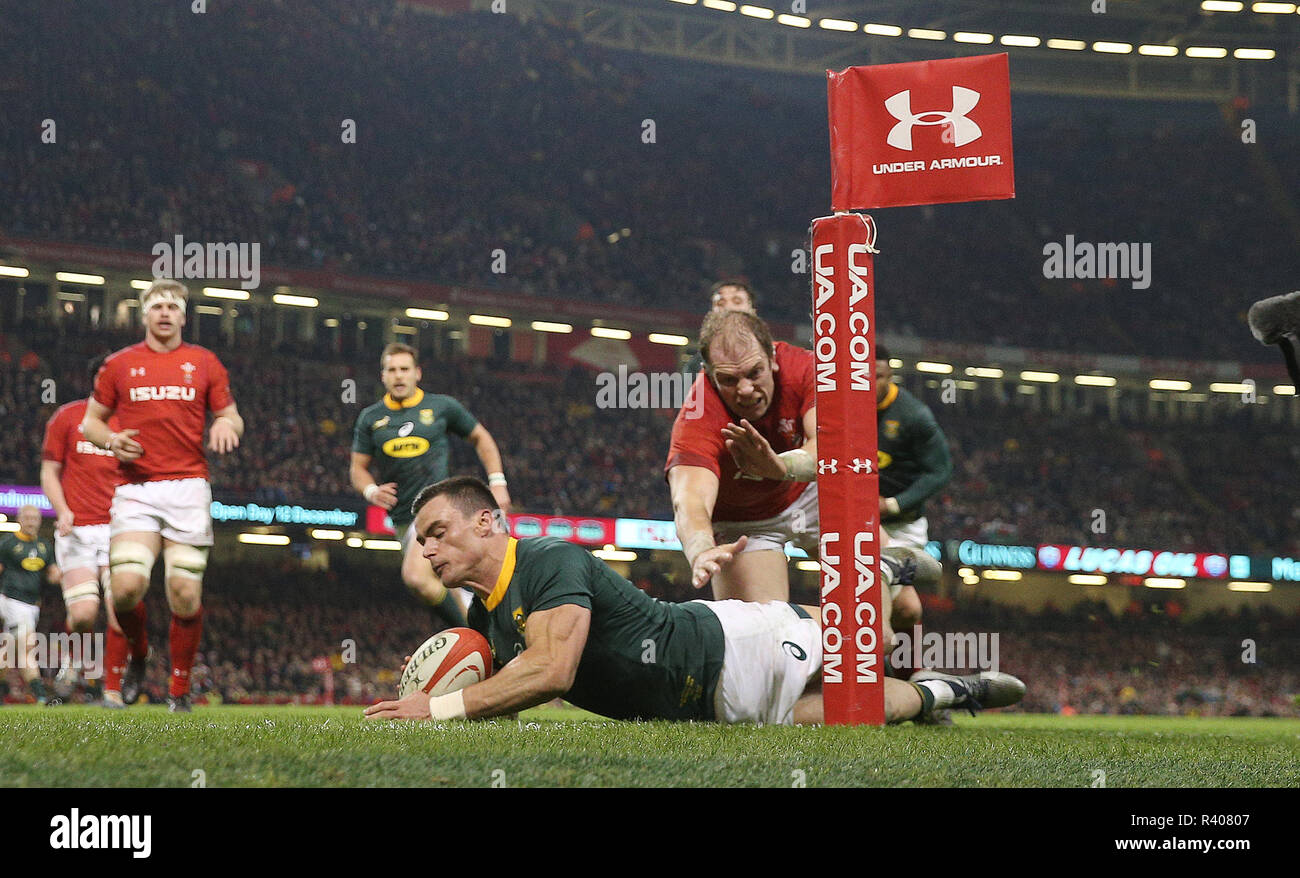 South Africa's Jesse Kriel scores a try during the Autumn International ...