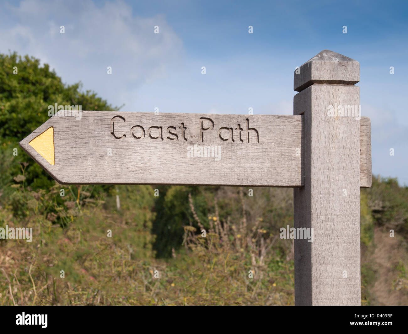 Signpost without route indication on the cornish coast path between ...