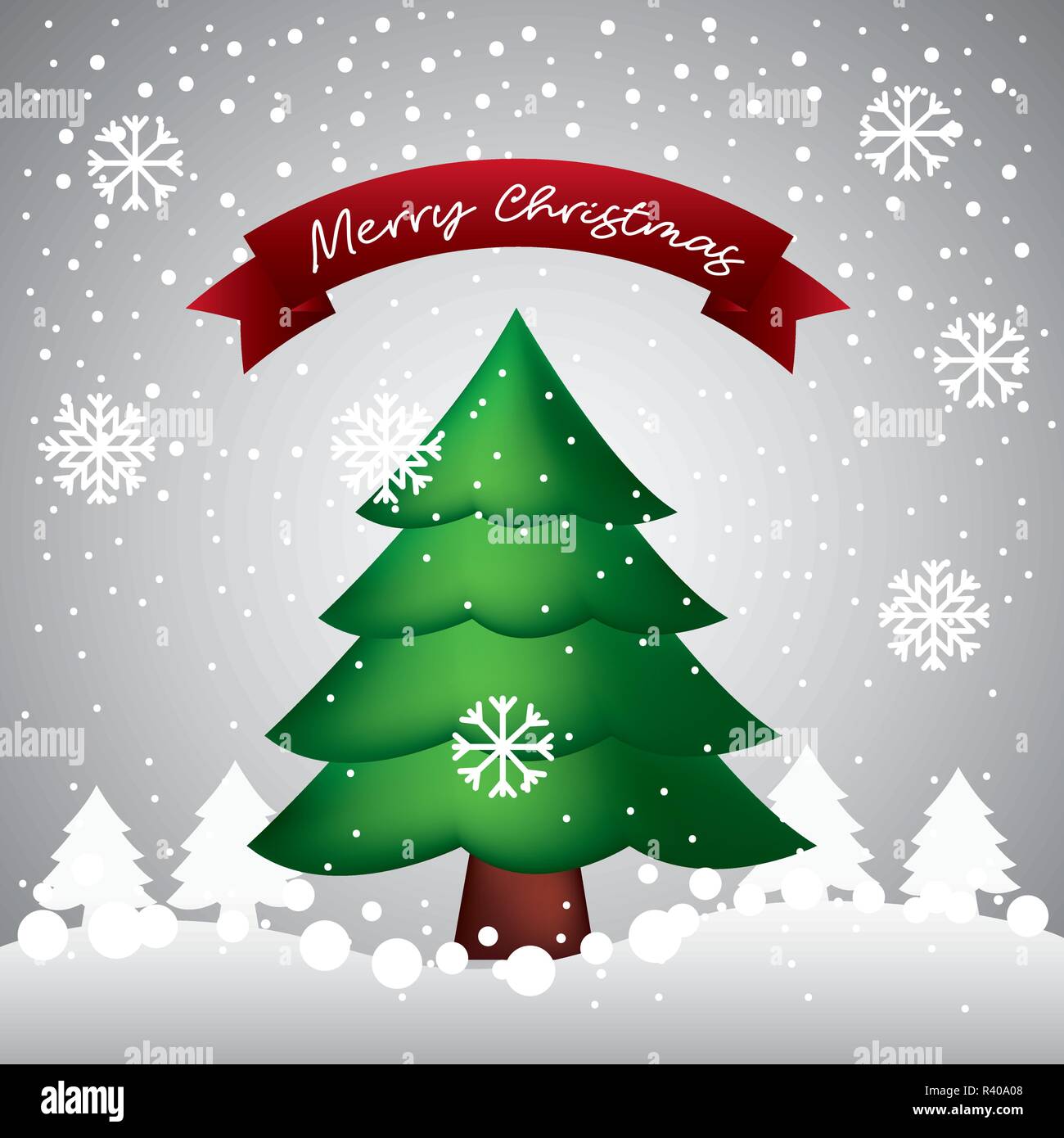 merry christmas ribbon tree alps snowflakes background vector ...