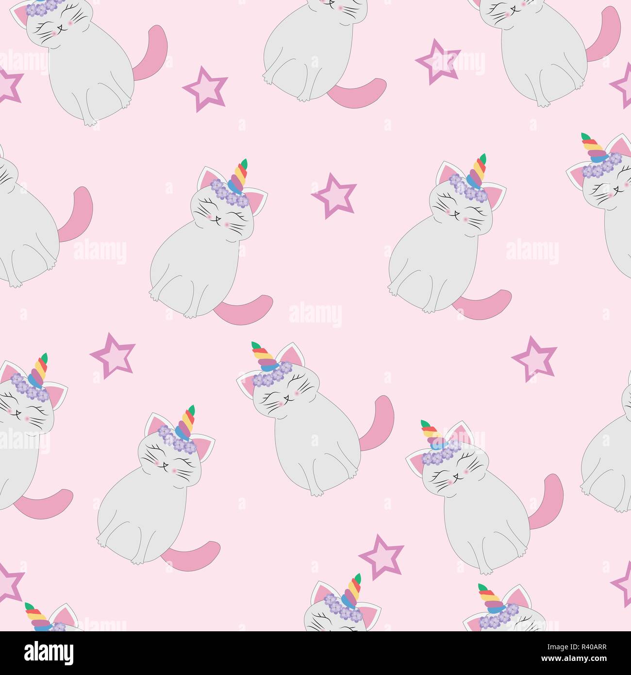 Cute cats unicorn or caticorn seamless pattern. Cartoon vector ...