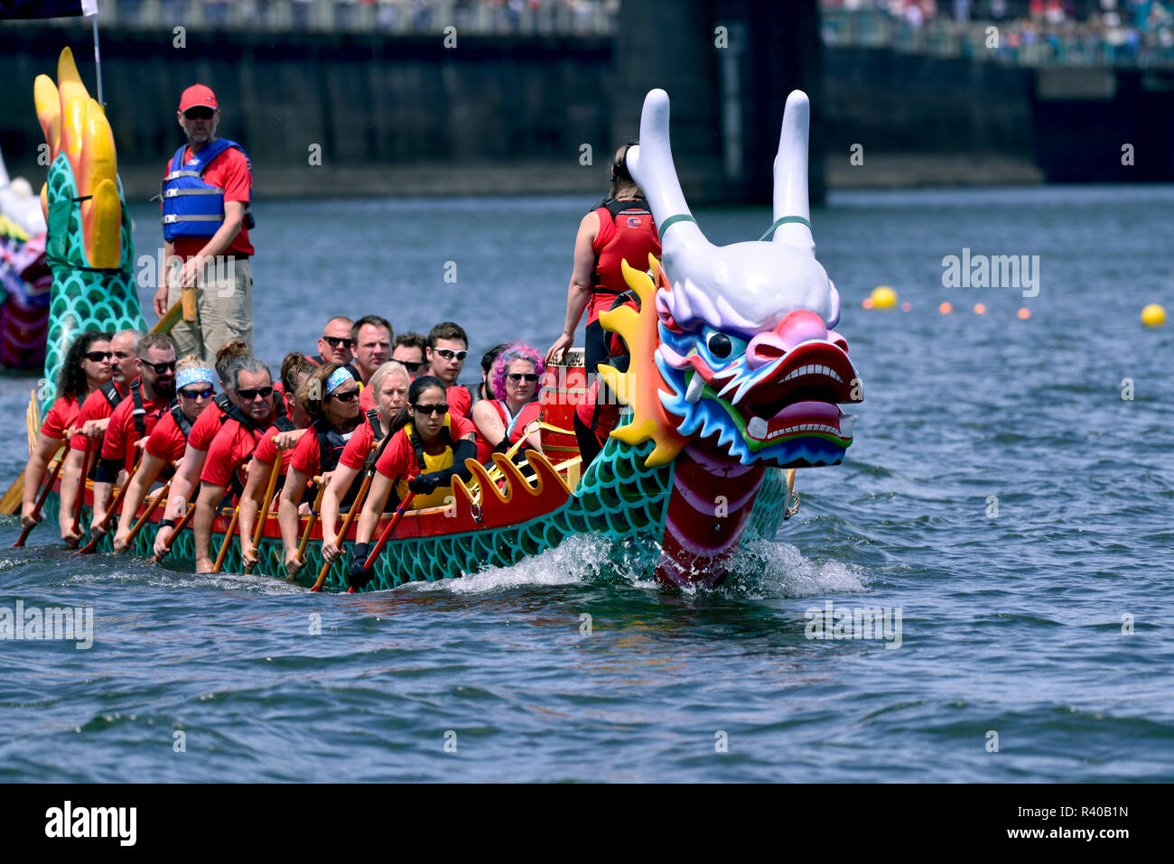 USA, Oregon, Portland. Dragon boats races on Willamette River. Credit ...